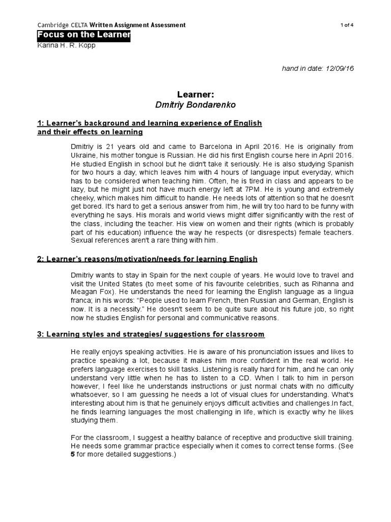 CELTA: Assignment Focus On The Learner | PDF | Stress (Linguistics ...