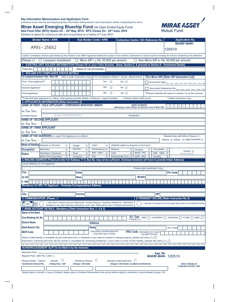Mirae Asset Emerging Bluechip Fund Application Form | PDF | Cheque ...
