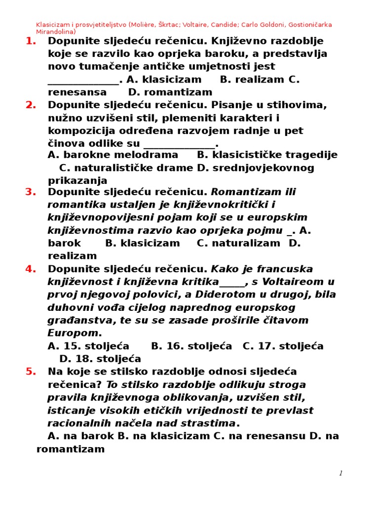 Klasicizam I Prosvjetiteljstvo | PDF