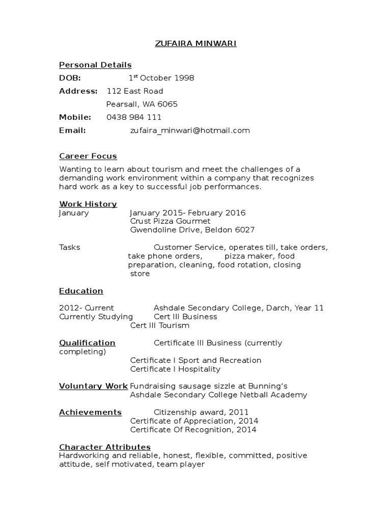 Zufaira Tafe Resume | PDF | Career & Growth | Cooking, Food & Wine