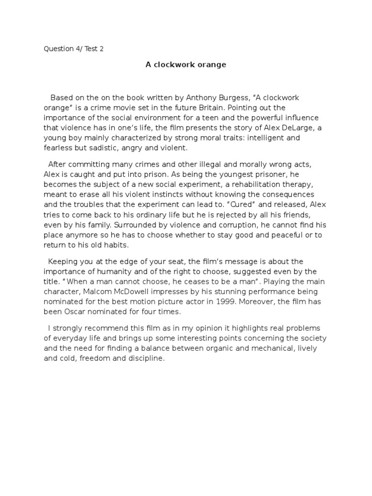 A Clockwork Orange: Question 4/ Test 2 | PDF