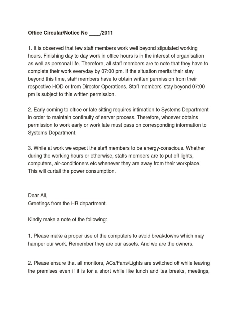 Office Circular on Work Hours and Energy Conservation | PDF