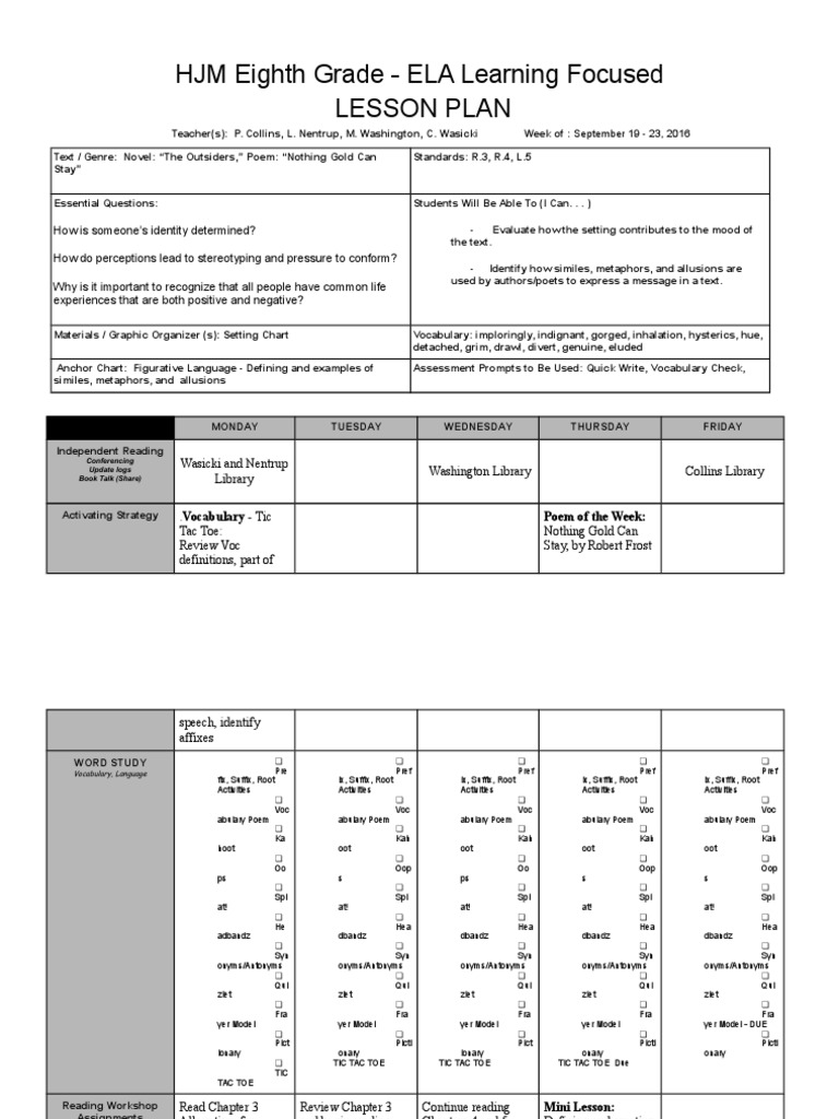 HJM Eighth Grade - ELA Learning Focused Lesson Plan: Wasicki and ...