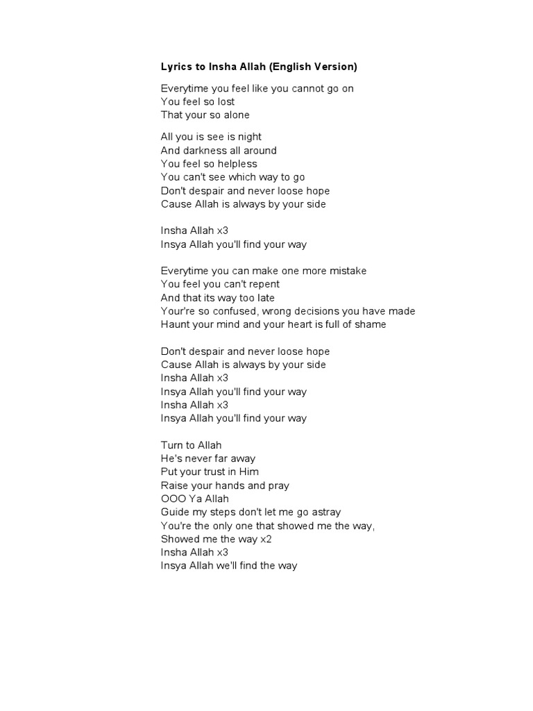 Lyrics To Insha Allah (English Version) | PDF