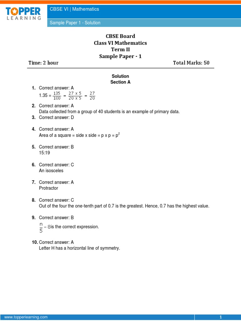 Time: 2 Hour Total Marks: 50: CBSE Board Class VI Mathematics Term II ...
