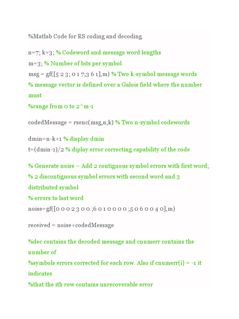 Matlab Code For Rs Coding And Decoding Pdf Forward Error Correction Applied Mathematics