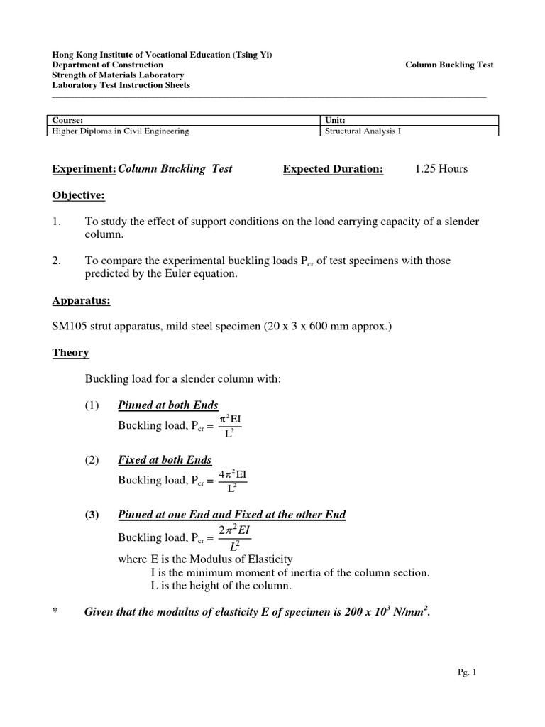 Lab - Sheet - Column Buckling PDF | PDF | Buckling | Column