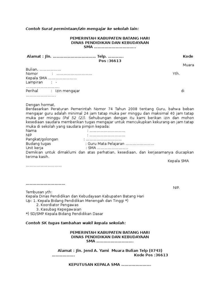 Contoh Surat Permintaan Izin Mengajar Ke Sekolah Lain | PDF
