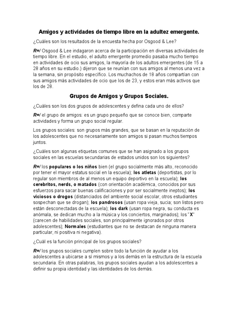 Amigos y Actividades de Tiempo Libre en La Adultez Emergente | PDF ...