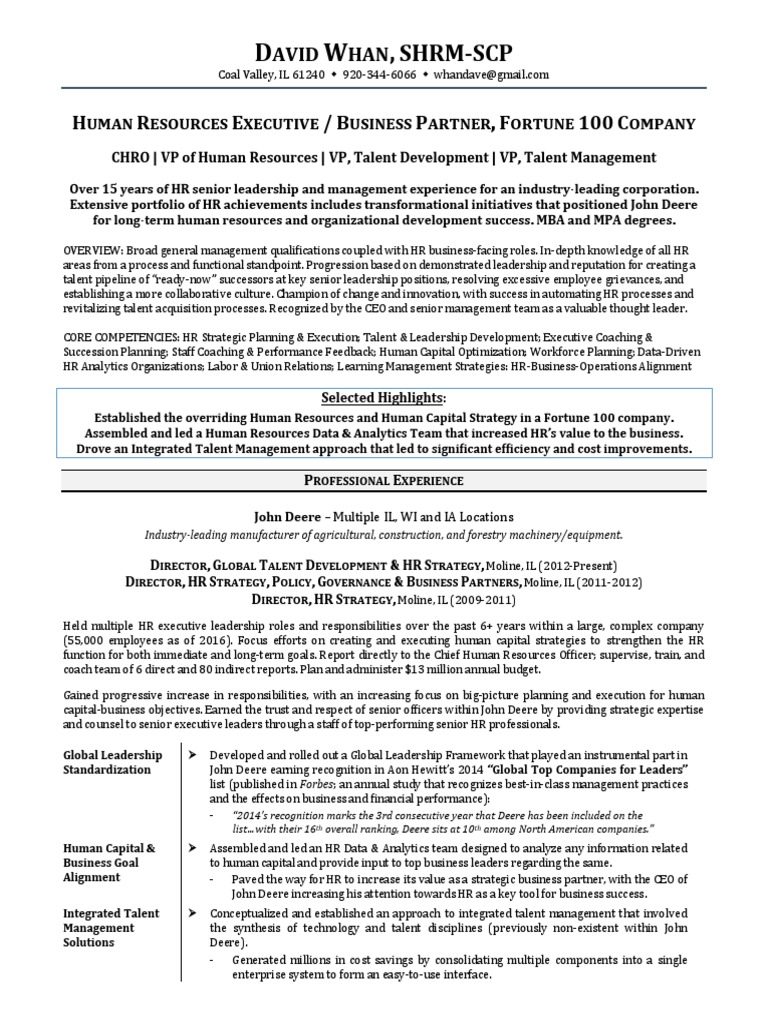 CHRO Global VP HR in Chicago IL Resume David Whan | Human Resource ...