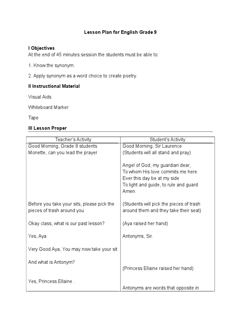 Grade 9 Lesson Plan: Synonyms & Antonyms | PDF