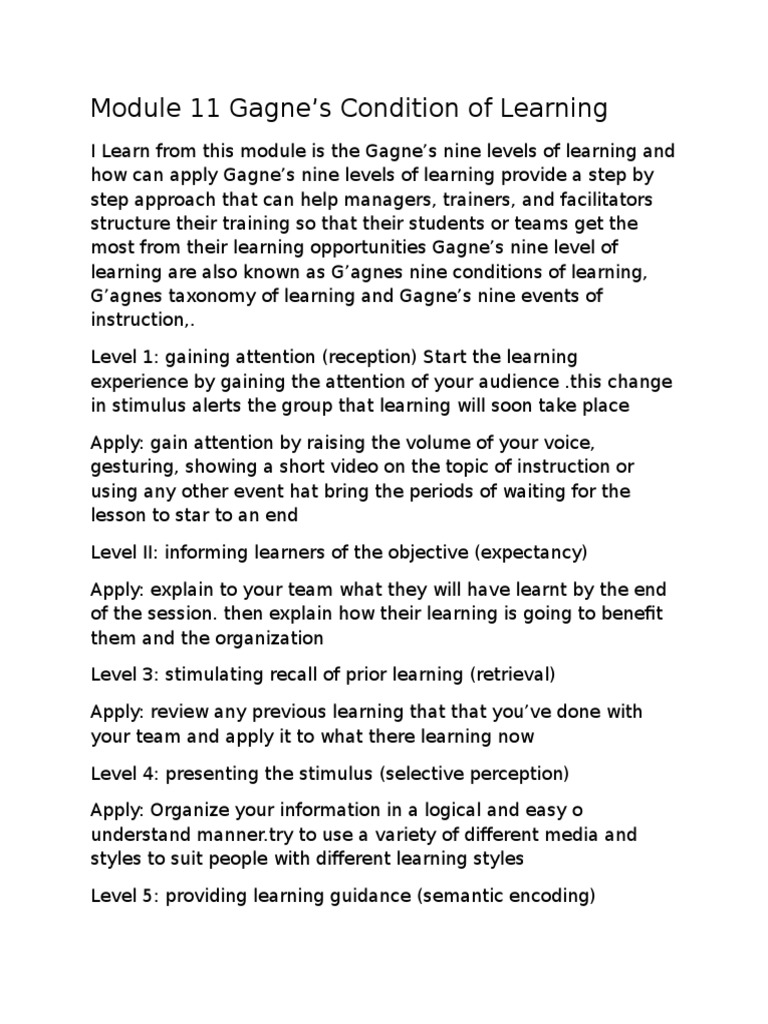 Gagne's Nine Levels of Learning Explained | PDF