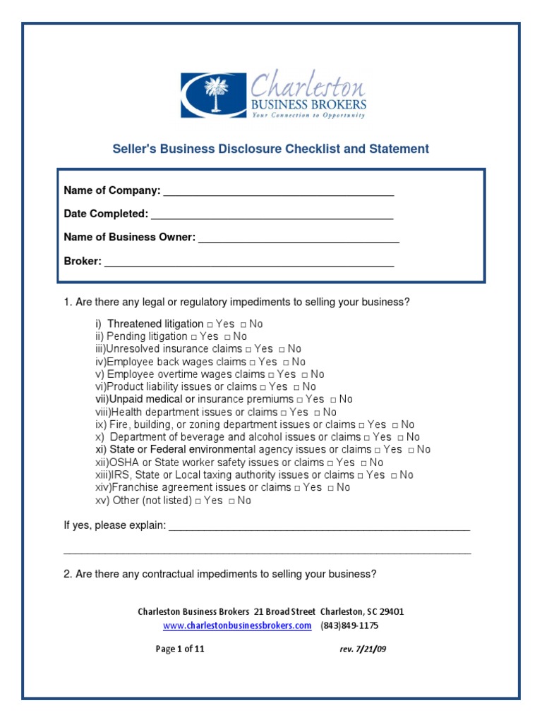 Seller's Business Disclosure Checklist Statement | PDF | Franchising ...