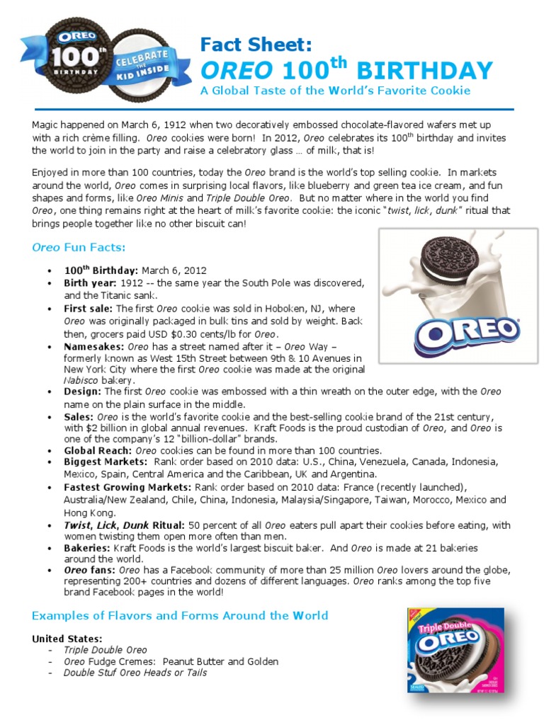 Oreo Global Fact Sheet 100th Birthday | PDF | Snack Food | Foods