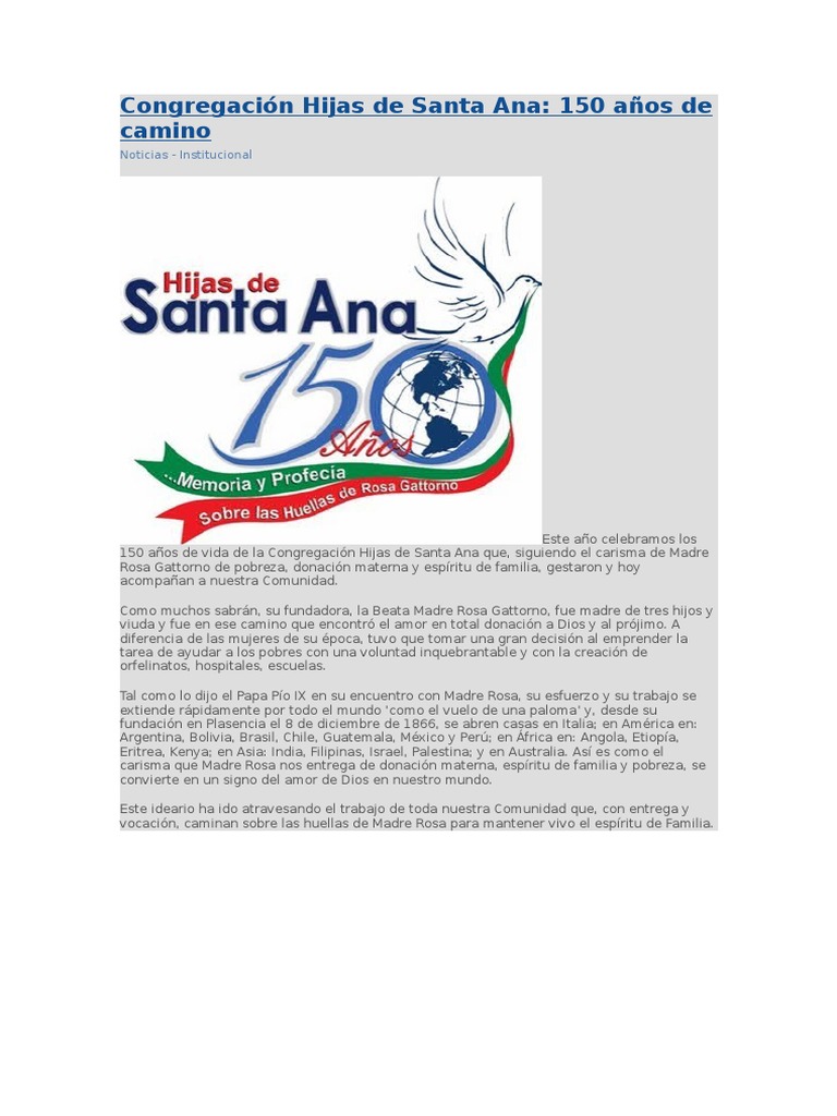 150 Años de la Congregación Hijas de Santa Ana | PDF