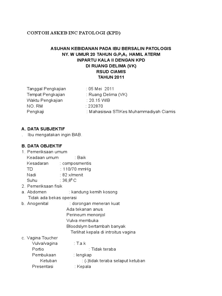 Contoh Askeb Inc Patologi Dengan KPD | PDF