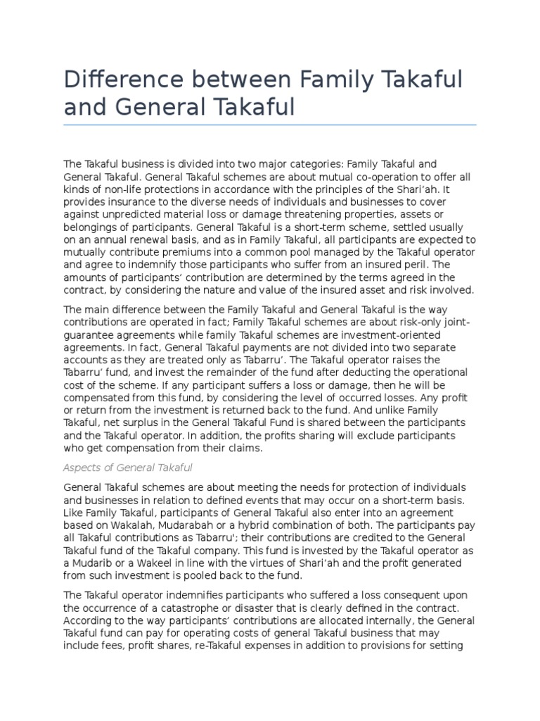 Difference Between Family Takaful and General Takaful | PDF | Financial ...
