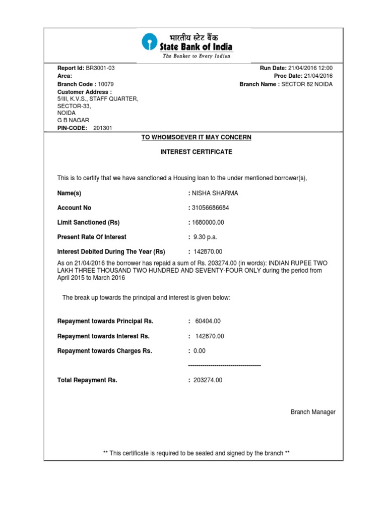SBI Home Loan Interest Certificate | PDF | Finance & Money Management
