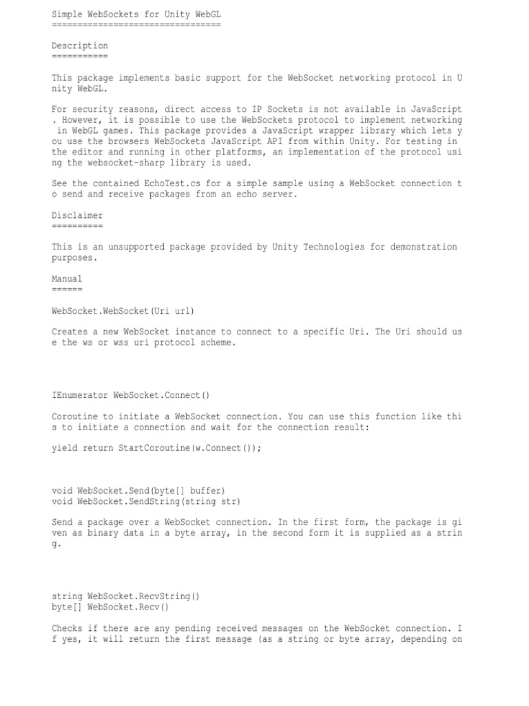Simple Websockets For Unity Webgl Pdf Web Gl String Computer