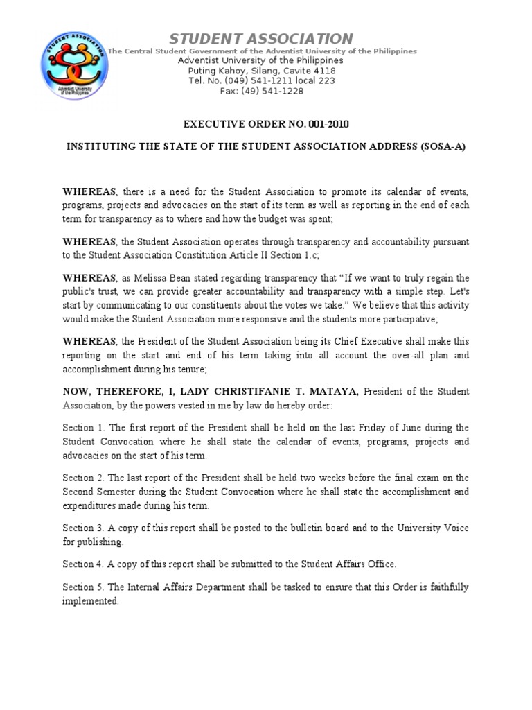 STATE OF THE STUDENT ASSOCIATION ADDRESS (SOSA-A) | Virtue | Public Law ...