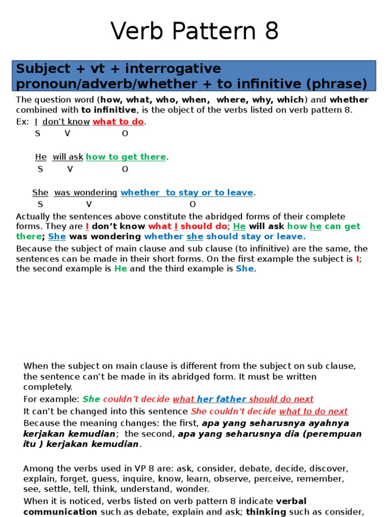 Verb Pattern 8 | PDF | Subject (Grammar) | Clause