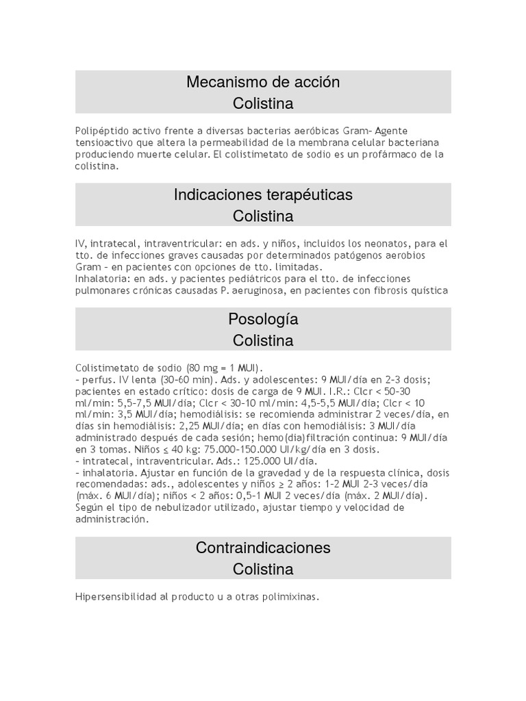 Dosis y uso de colistina en tratamientos | PDF | Especialidades Medicas ...
