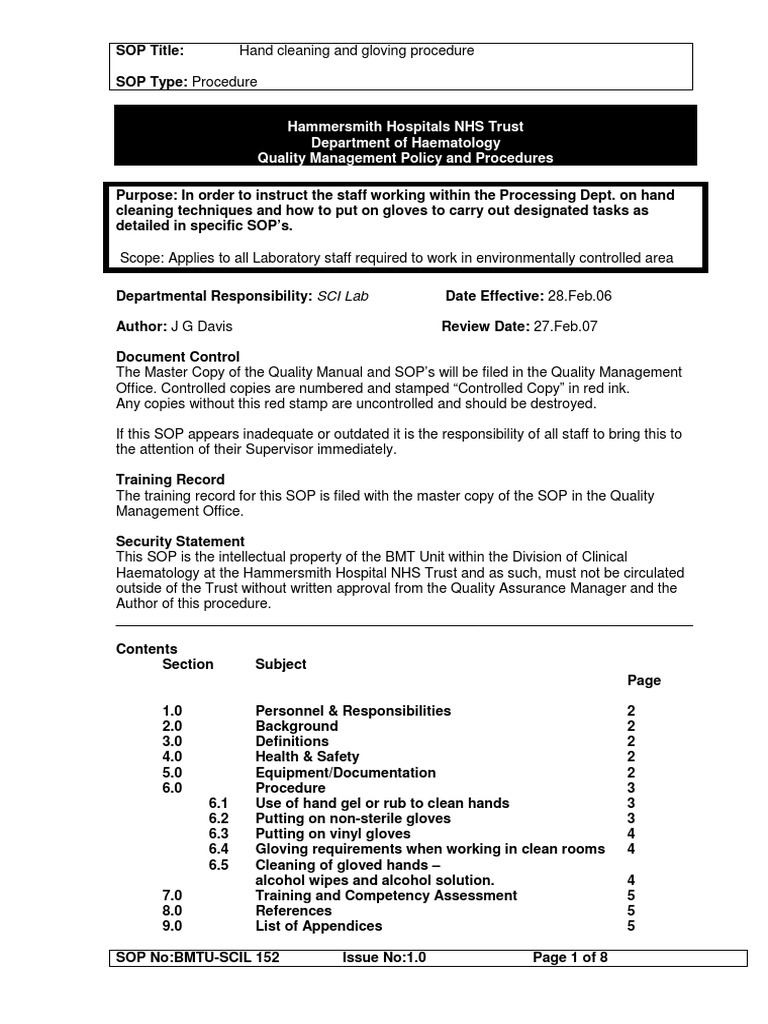 Hand Washing Sop | PDF | Glove | Infection Control