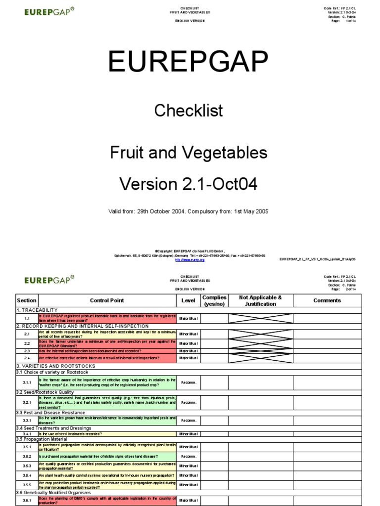 EUREPGAP Checklist, Fruit and Vegetables | PDF | Water Resources ...