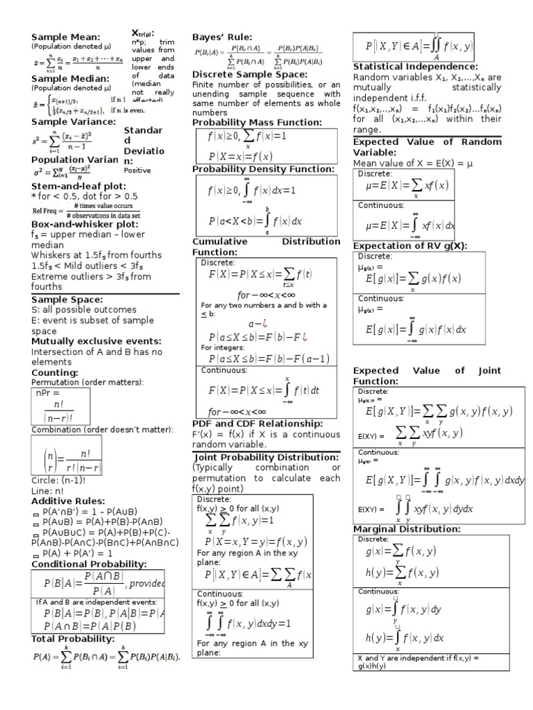 Engr 0020 Exam 1 Equations | Probability Distribution | Median
