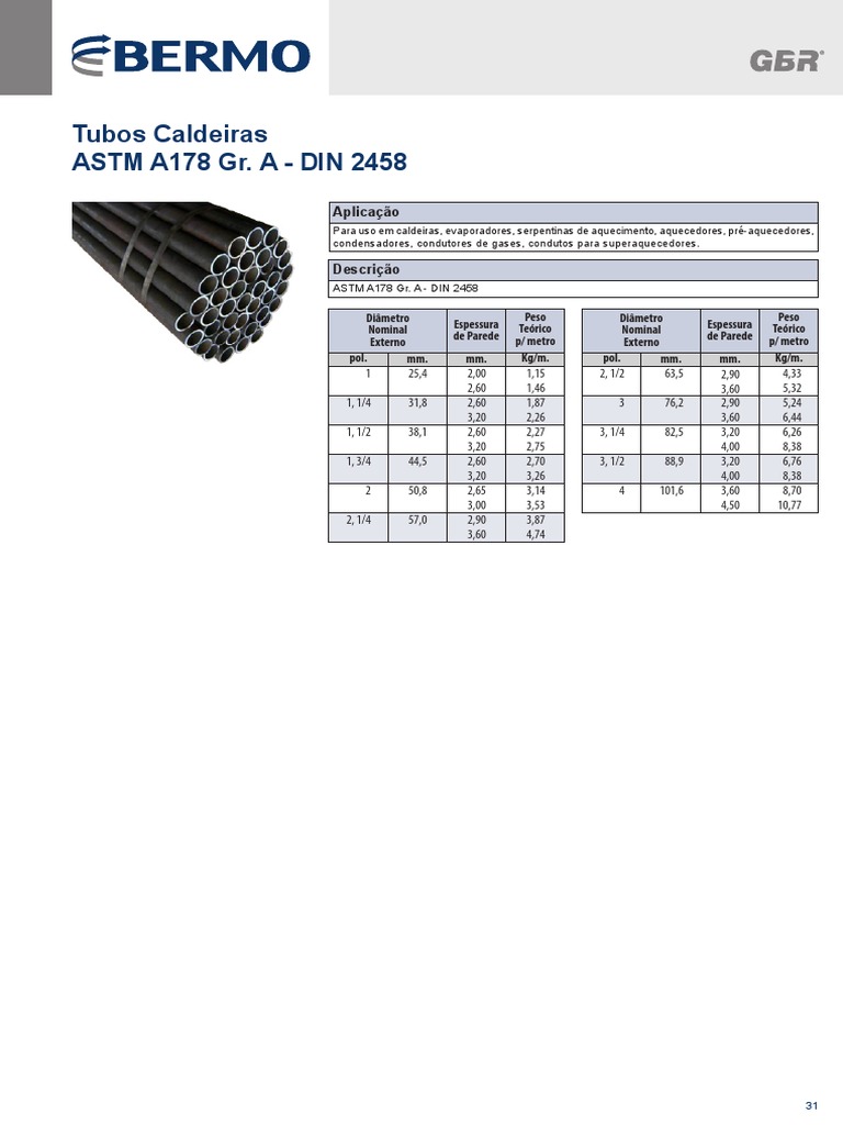 Tubos Caldeiras ASTM A178 Gr. A - DIN 2458 | PDF