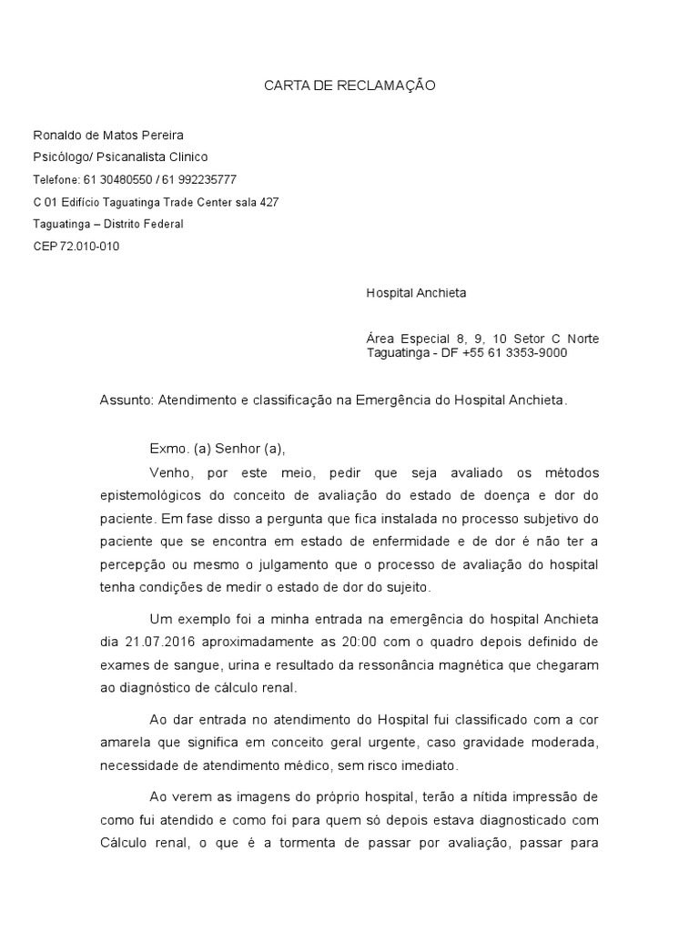 CARTA DE RECLAMAÇÃO.docx | Dor | Hospital