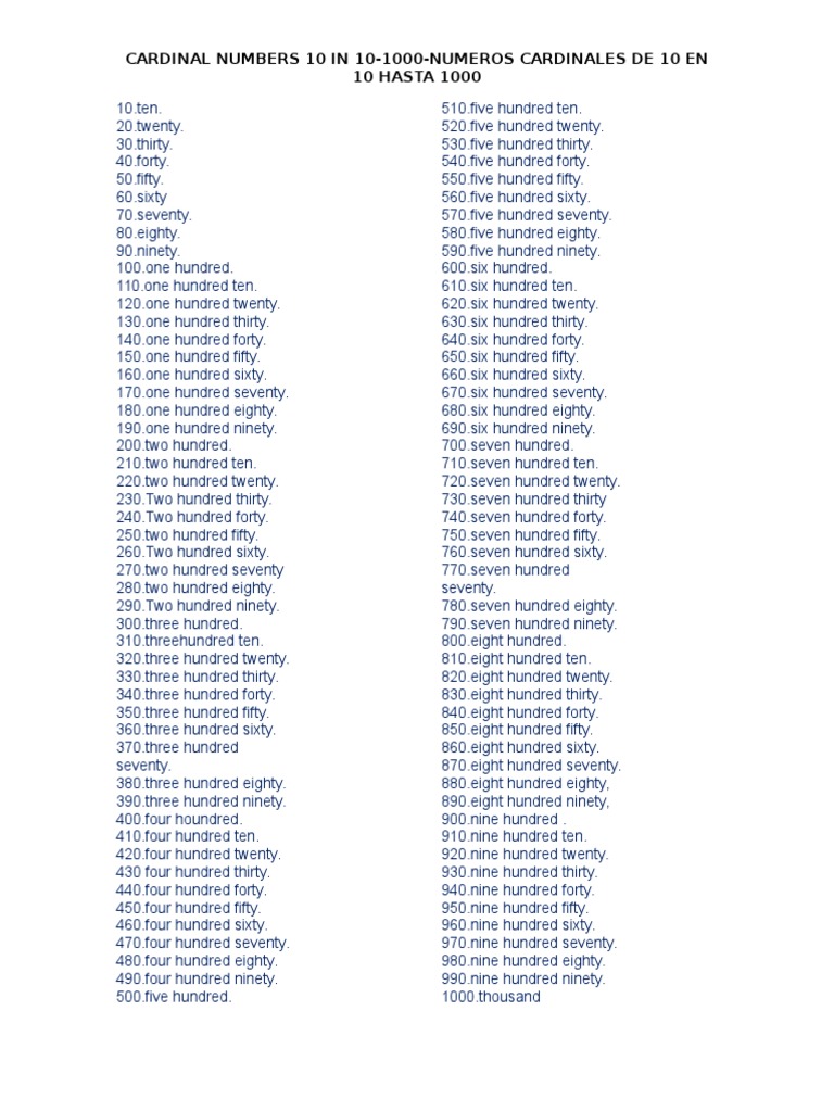 Numeros Cardinales de 10 en 10 Hasta 1000 | PDF