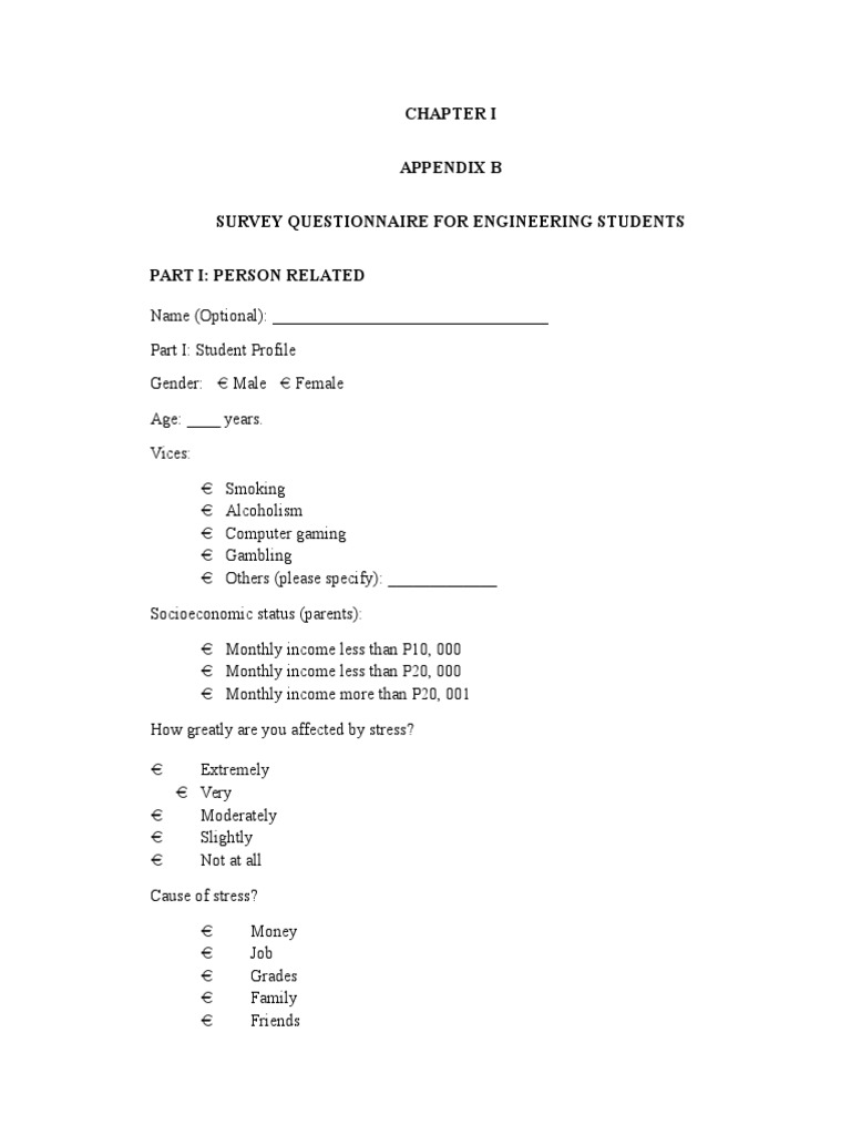 Appendix B Survey Questionnaire For Engineering Students Part I: Person ...