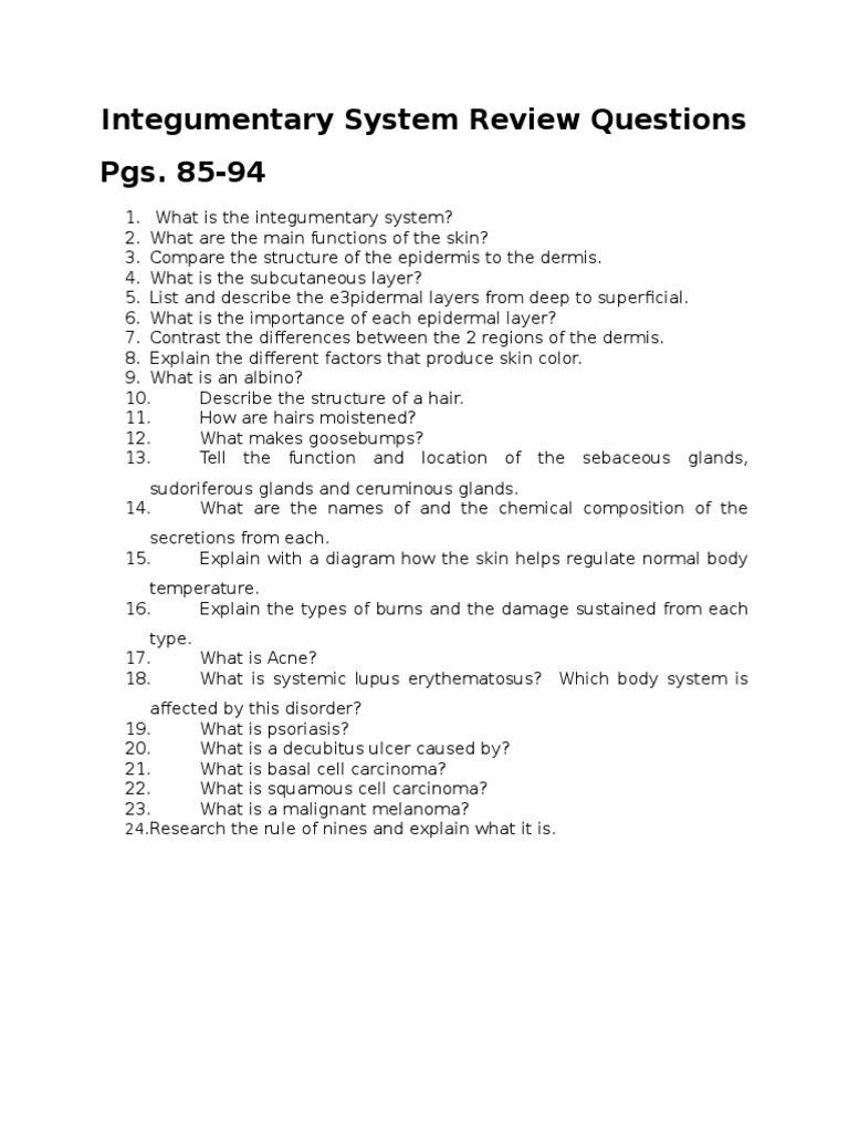 Integumentary System Review Questions | PDF | Wellness