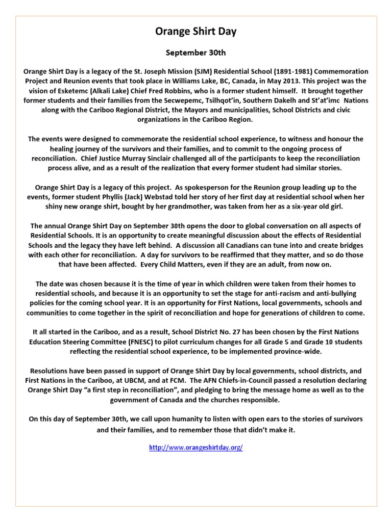 Orange Shirt Day Origin and History | PDF | Canada | Schools