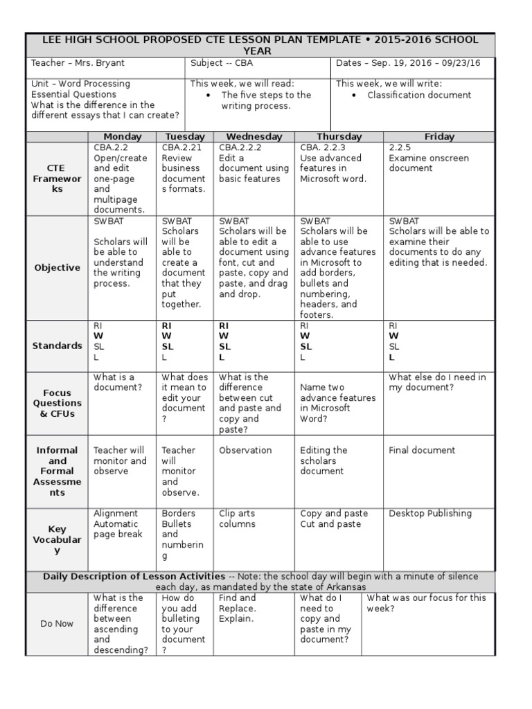 CTE Lesson Plan Template for Word Processing | PDF | Writing | Human ...