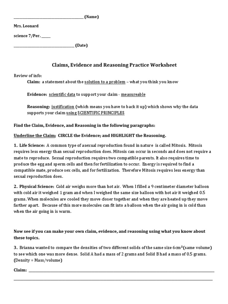 Claim Evidence Reasoning Homework - Kerri Benard | PDF | Reproduction ...