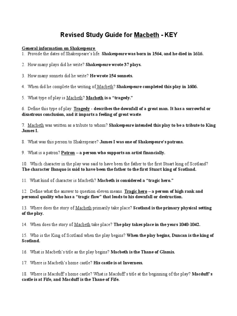 Revised Macbeth Study Guide | PDF | Macbeth | Shakespearean Tragedies