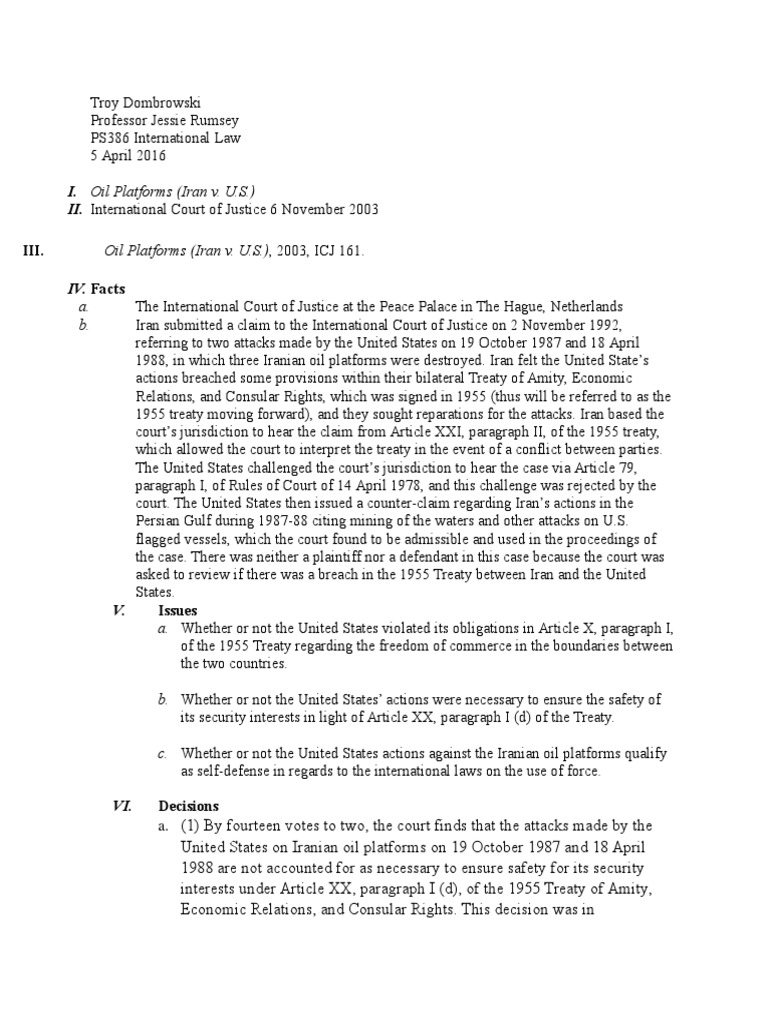 Case Brief On Oil Platforms Case | PDF | Treaty | Common Law