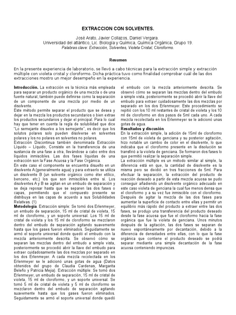 Extraccion Con Solventes Lab. Organica | PDF | Solvente | Solubilidad