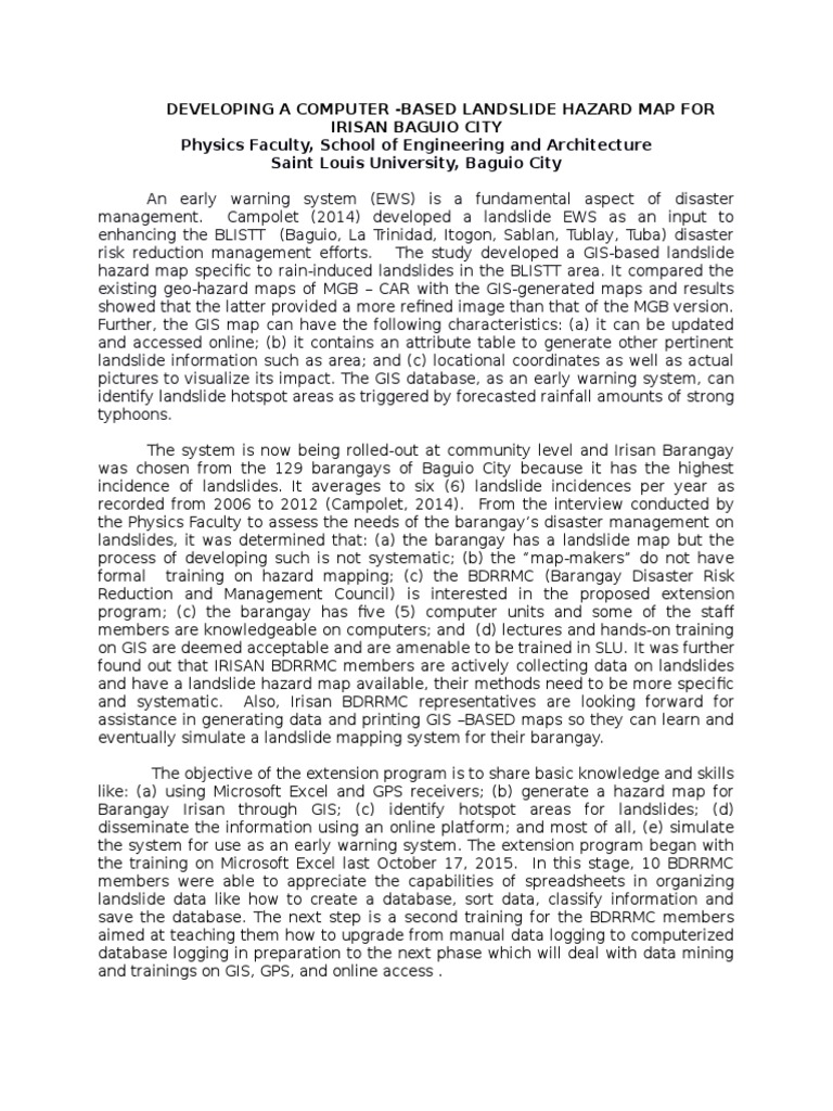 DEVELOPING A COMPUTER - BASED LANDSLIDE HAZARD MAP FOR IRISAN BAGUIO ...