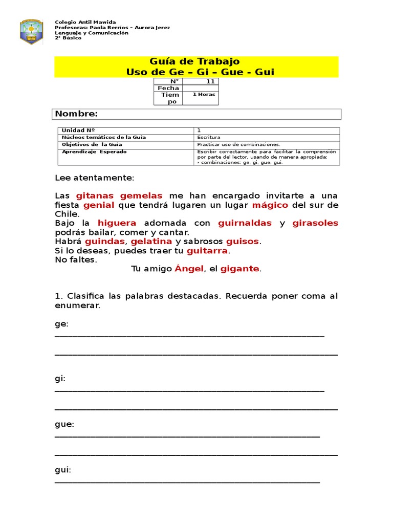 Guía 2º Basico Lenguaje Ge Gi Gue Gui | PDF