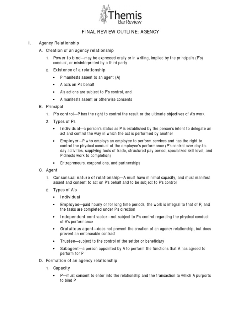 AGENCY - Law School Outline | PDF | Law Of Agency | Vicarious Liability