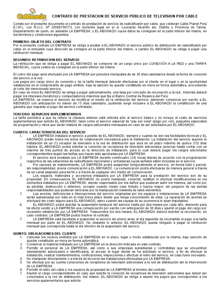 Contrato de Prestacion de Servicio Público de Television Por Cable ...