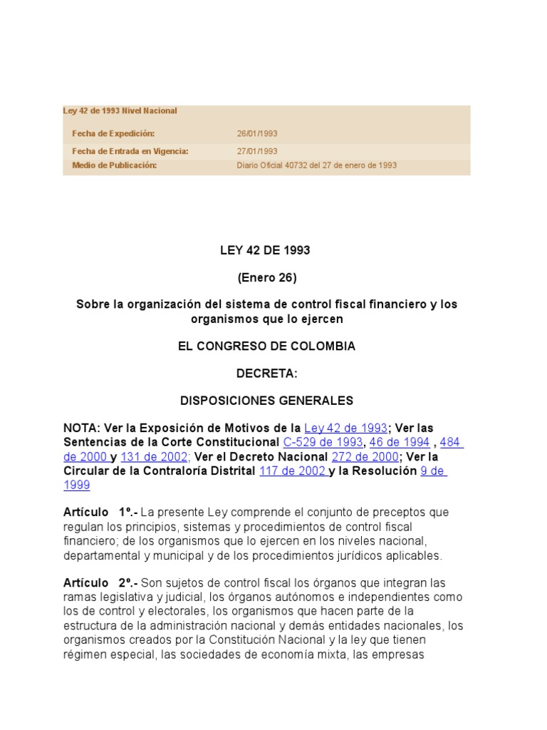 Ley 42 de 1993 Nivel Nacional Control Fiscal | Descargar gratis PDF ...