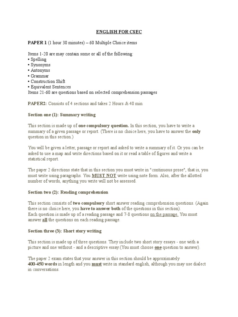 English For Csec PAPER 1 (1 Hour 30 Minutes) - 60 Multiple Choice Items ...