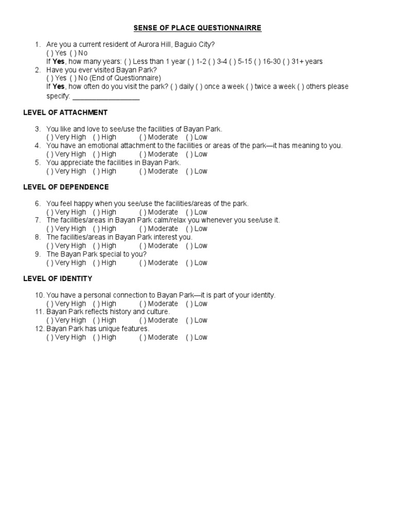Sense of Place Survey for Bayan Park | PDF | Language Arts & Discipline ...