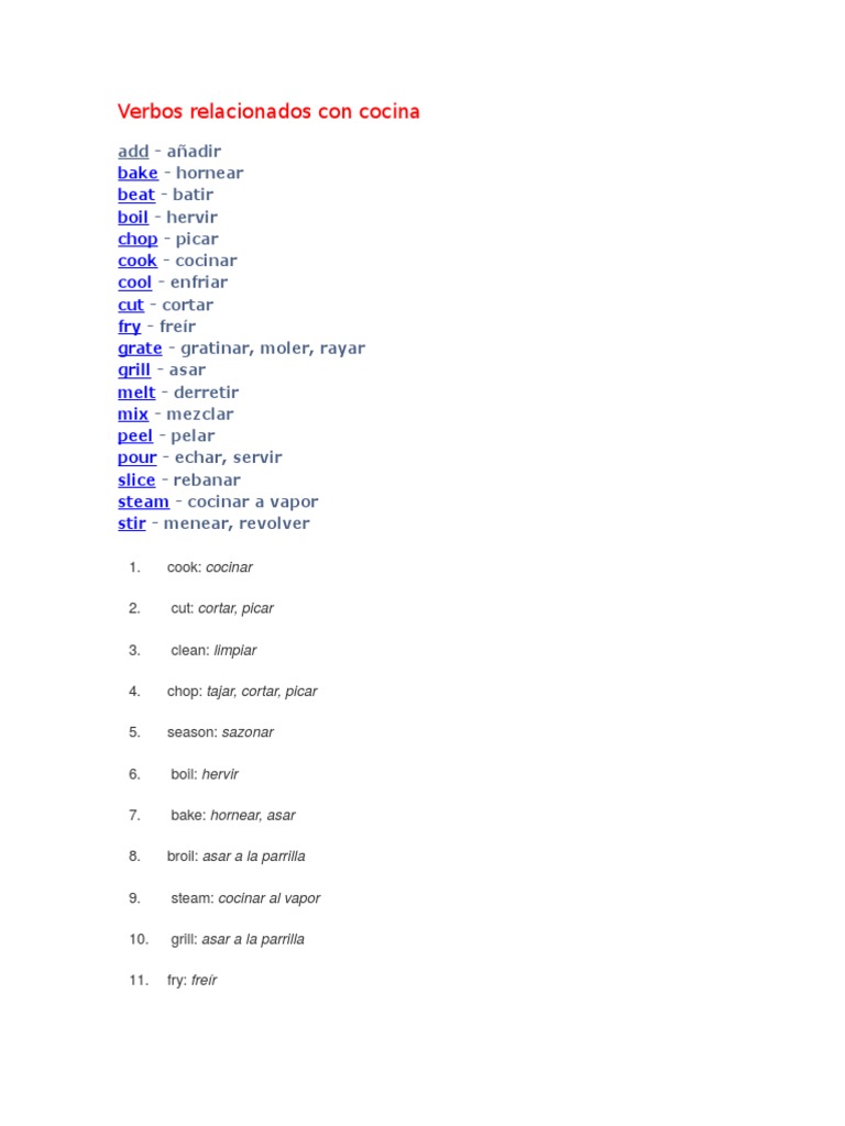Verbos Relacionados Con Cocina | PDF | Técnicas de cocina | Cocinando