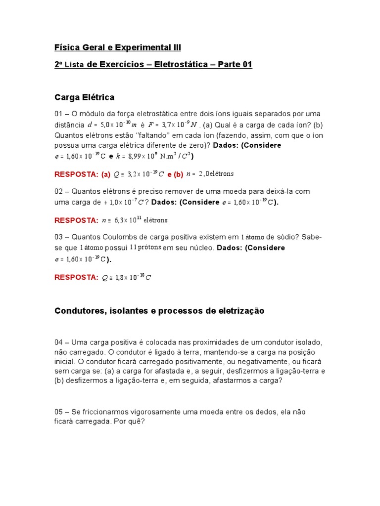 2 Lista - Eletrostática - Parte 01 PDF | PDF | Ciências e Matemática