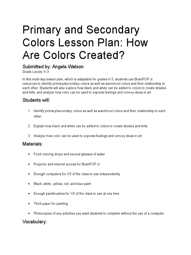 Primary and Secondary Colors Lesson Plan.docx | Color | Physical Exercise